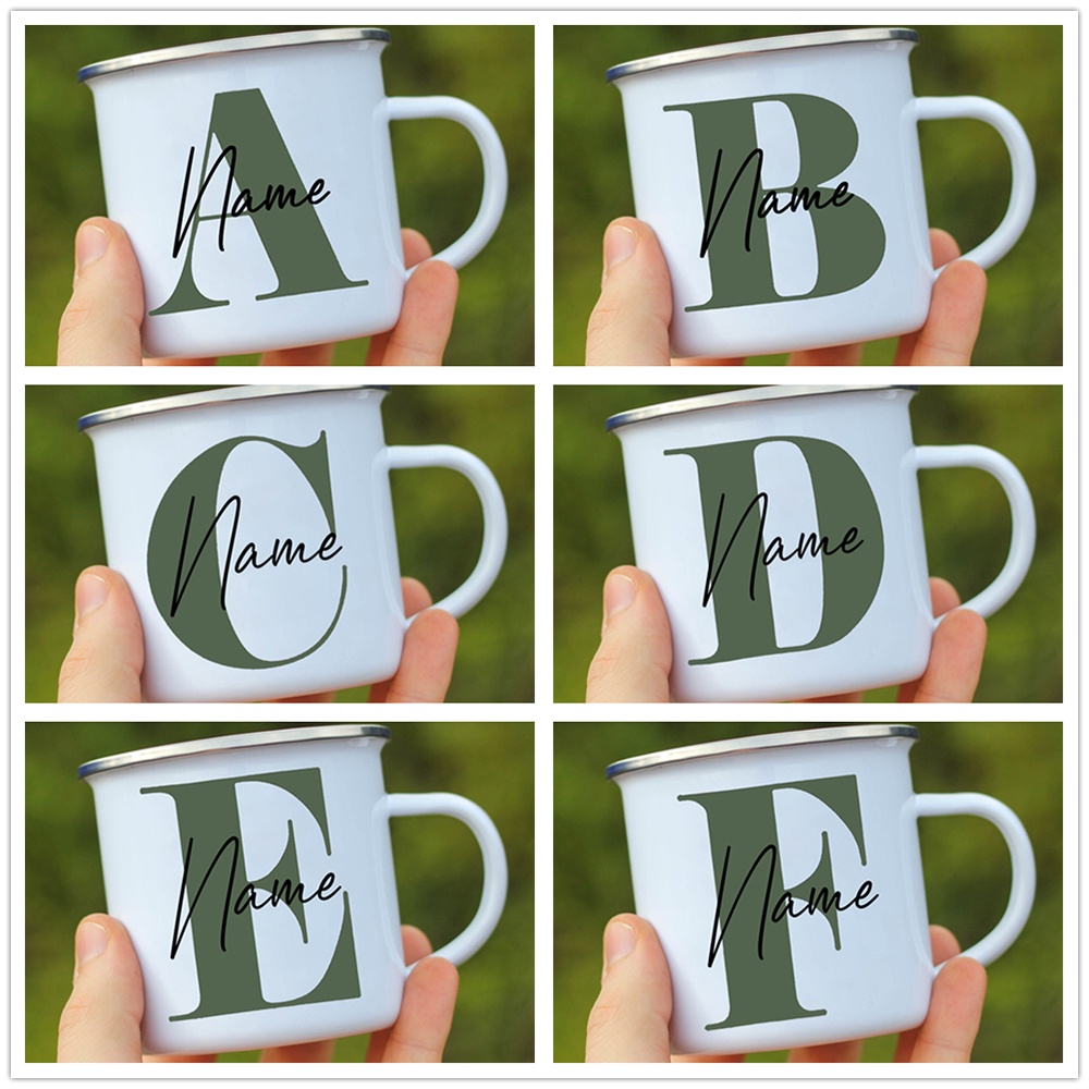 Green Letter Free Add Name Alphabet Letter Mugs Name Print Enamel Cups ...