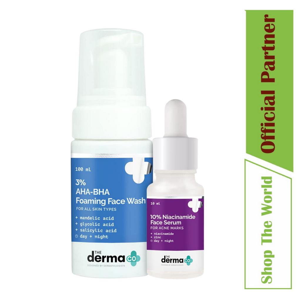 The Derma Co Fade Away Acne Marks Combo (10% Niacinamide Serum 30 ml + 3% AHA BHA Foaming Face ...