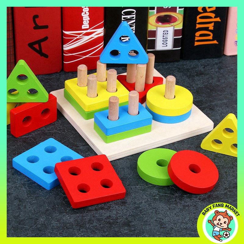 Kids Wooden Blocks Four Column Geometric Shape Color Matching Games ...