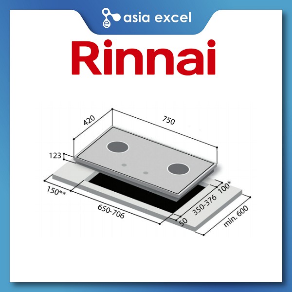 RINNAI RH-S329-PBR 90CM SLIMLINE HOOD WITH TOUCH CONTROL + RINNAI RB-7302S-GBS 2-BURNER TEMPERED ...