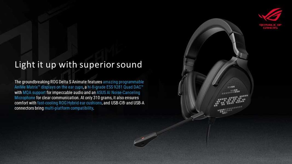 ROG Delta S Animate USB-C gaming headset AniMe Matrix™ AI Noise ...