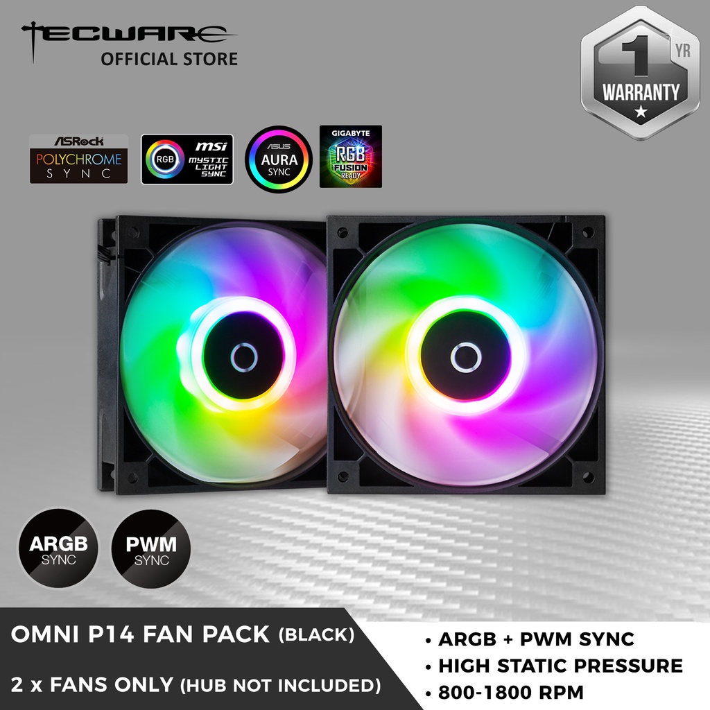 Tecware Omni x 2 P14 Fans, 4 pin PWM + 3 pin ARGB, 1800 rpm [2 Color ...