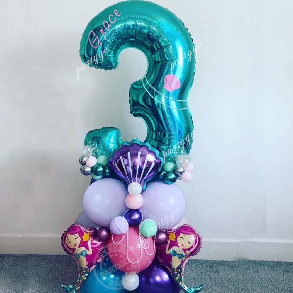 47pcs Mermaid Balloon Set BLUE digital foil ball 1 2 3 4 5 6 7 8 9year ...