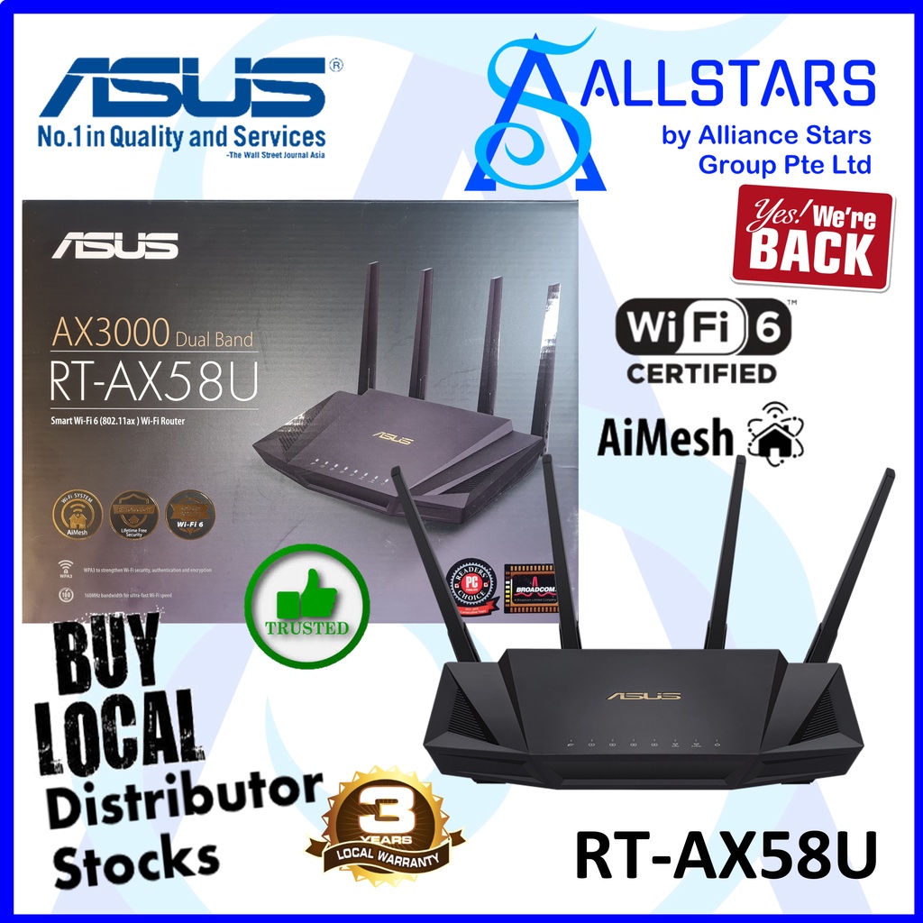 ASUS RT-AX58U Wireless-AX3000 Dual Band Smart Wi-Fi 6 Router (Warranty ...