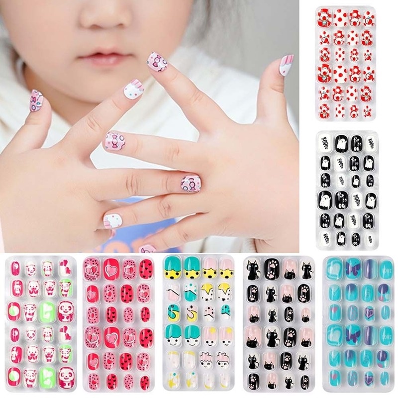24Pcs/Set Cartoon Style Kids Fake Nails Detachable Press On Fake Nails ...
