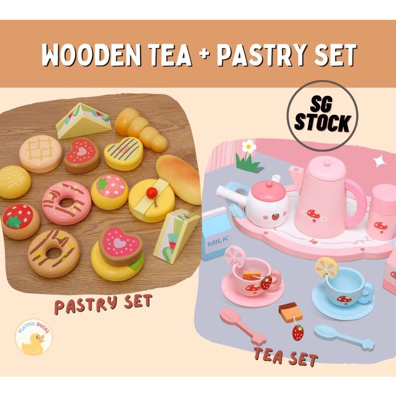 [SG stock] Wooden Tea & Dessert Pastry set | Kids Pretend play toy ...