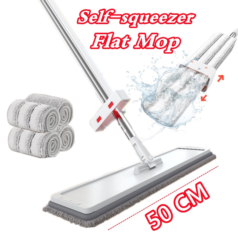 🔥Ship 24H🔥大拖把 50cm Flat Mop With Microfiber Fiber Cloth Lazy Squeeze ...