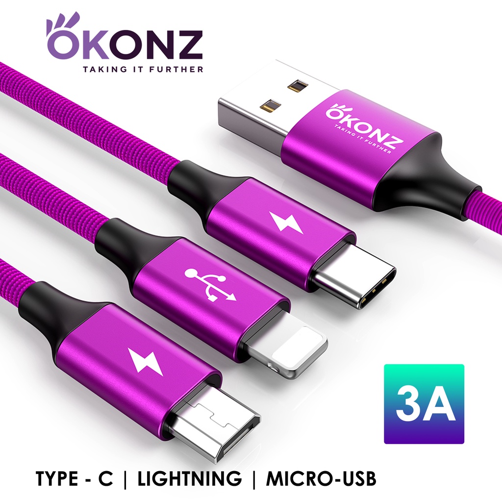 OKONZ Fast Charging 3 in 1 Cable 3A 5A Type-C IP Micro-Usb Cable iPhone ...