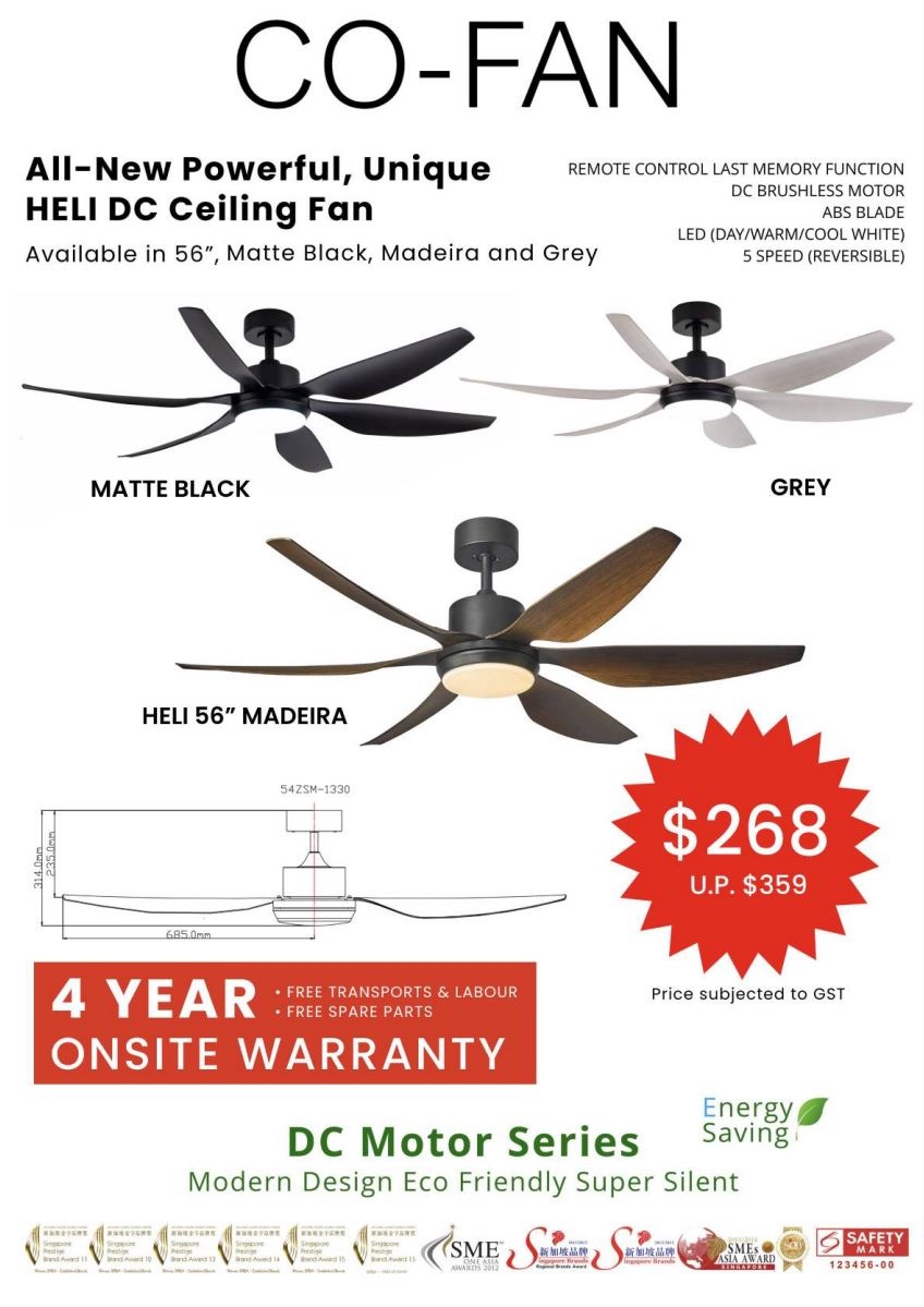 Fanco Heli 6-Blades DC Ceiling Fan with Remote Control and LED 3-Tone ...