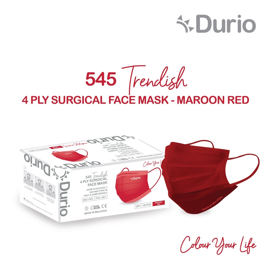 Durio 545 Trendish 4 Ply Surgical Face Mask - Maroon Red (40 Pcs ...