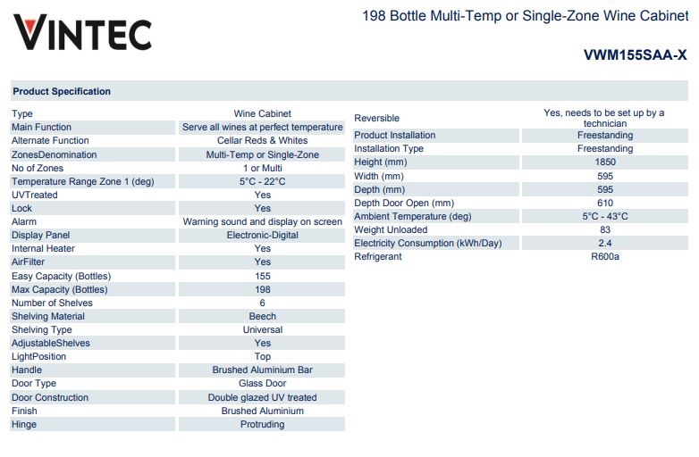 VINTEC VWM155SAA-X WINE CHILLER | Multi-Temp | Free 3 Bottles of ...