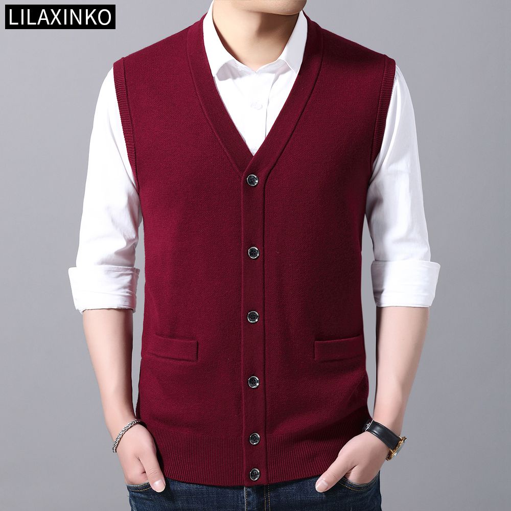 4 Color Men Vest Sleeveless Wool Sweater Knit V Neck Plain Basic Pocket ...