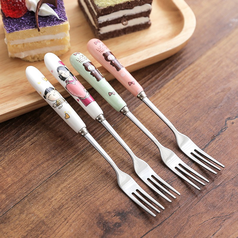 Cute cartoon fruit fork with ceramic handle, 304 stainless steel fork ...