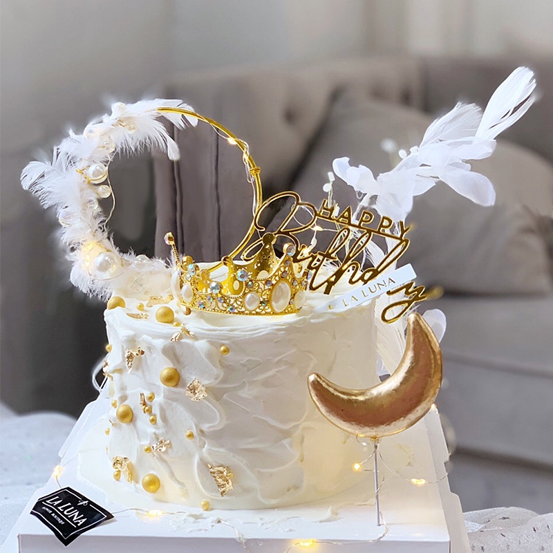 Diamond Gem Gold Crown Cake Decoration Pearl Crystal Feather Birthday ...