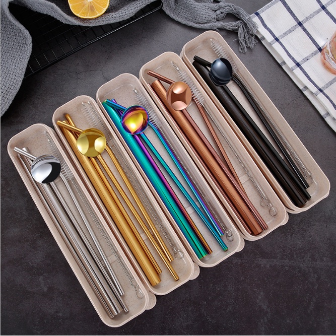 6 in 1 drinking straw Stainless steel Straw Group set straw spoon +box ...