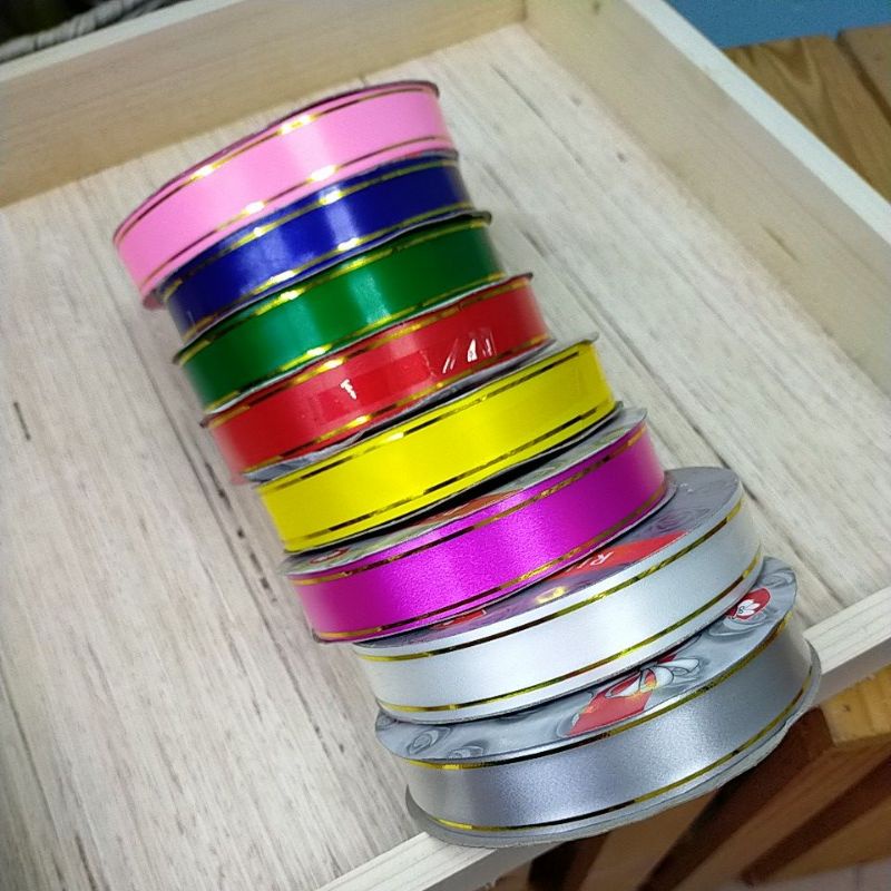 ️ STOCK-18MM PP RIBBON/SIZE-3/4” Plastic Ribbon With Gold Edge / 3/4” Riben Plastic Gold Line ...