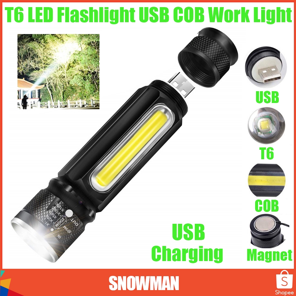 Super Bright Magnetic T6 COB LED Flashlight Side Light Camping Lamp USB ...