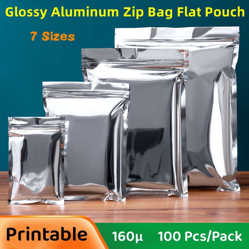 100pcs Glossy Silver Aluminum Zip Bag Flat Bottom Pouch with Ziplock ...