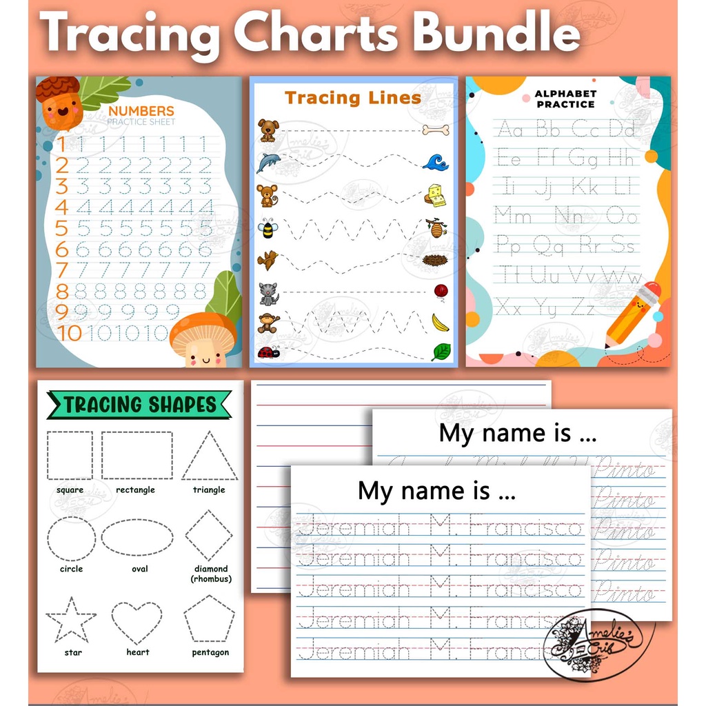 Tracing Educational Charts Laminated A4 Bundle of 6 - alphabet, shapes, lines, numbers, name ...
