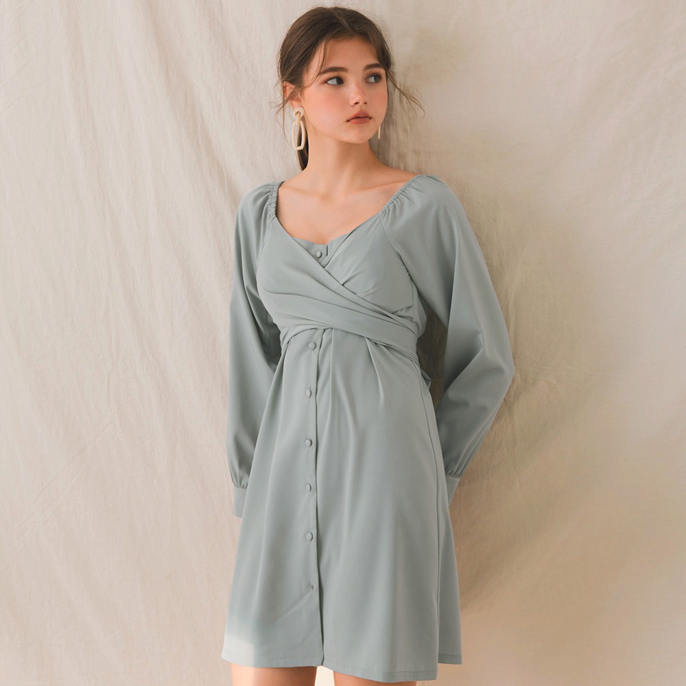 AIR SPACE LADY Cross Back Strap Buttoned Long Sleeve Dress (Blue Green ...