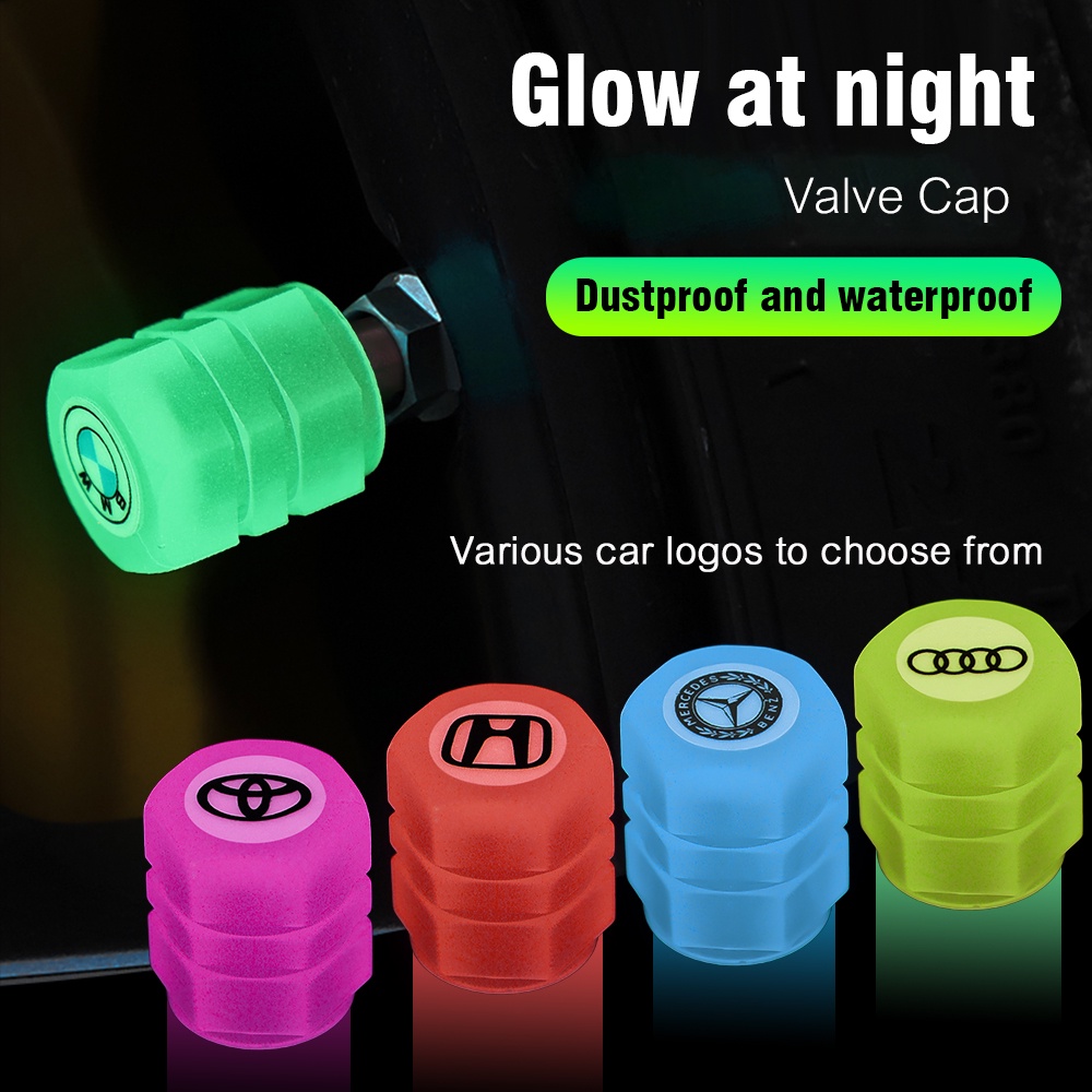4Pcs Pack Car Brand Logo Fluorescent Color Luminous Car Tires Valve Cap ...