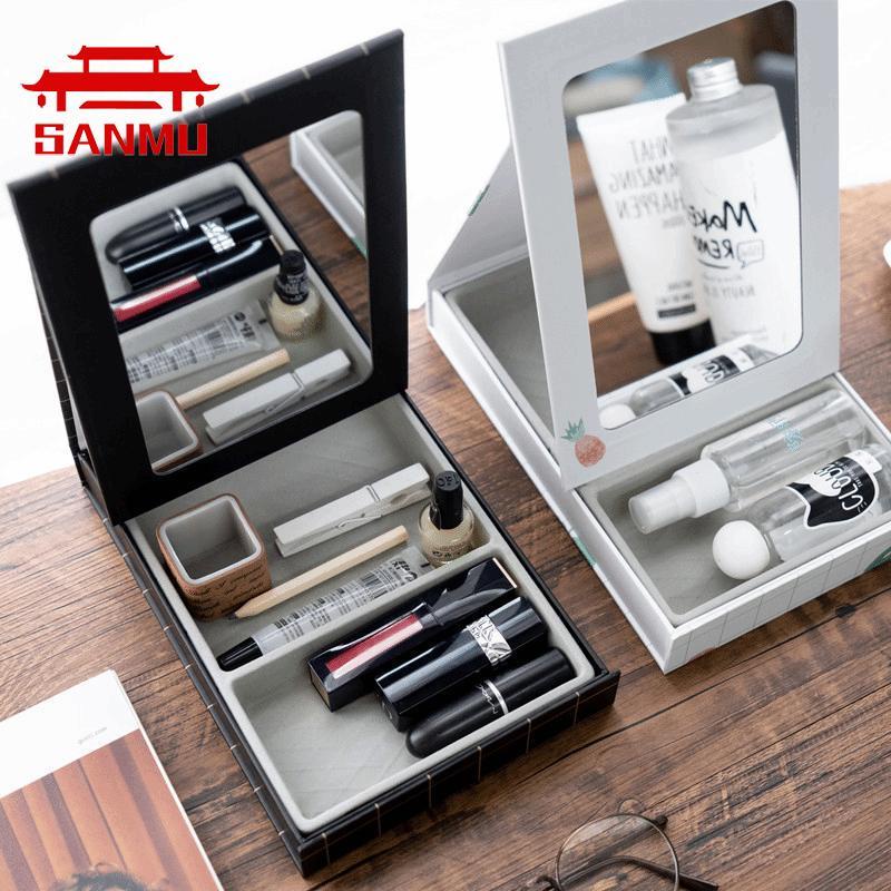 Portable Folding Makeup Desktop Mirror with Storage Cosmetic Storage ...