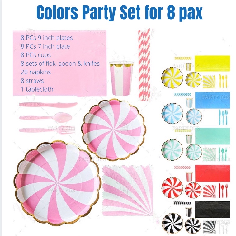 Party ware set disposable paper plate birthday table ware cups 8 pax ...