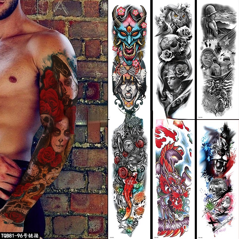 Full Arm Tattoo Stickers Big Picture Flower Lion Soldier Pattern Arm ...