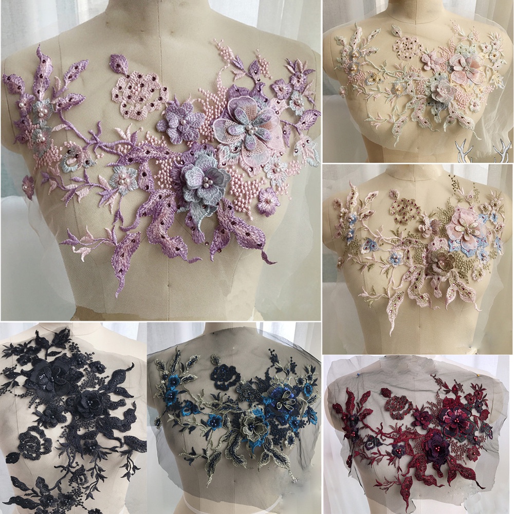 3D Flowers Beaded Lace Fabrics Applique Embroidery Sewing On Patches ...