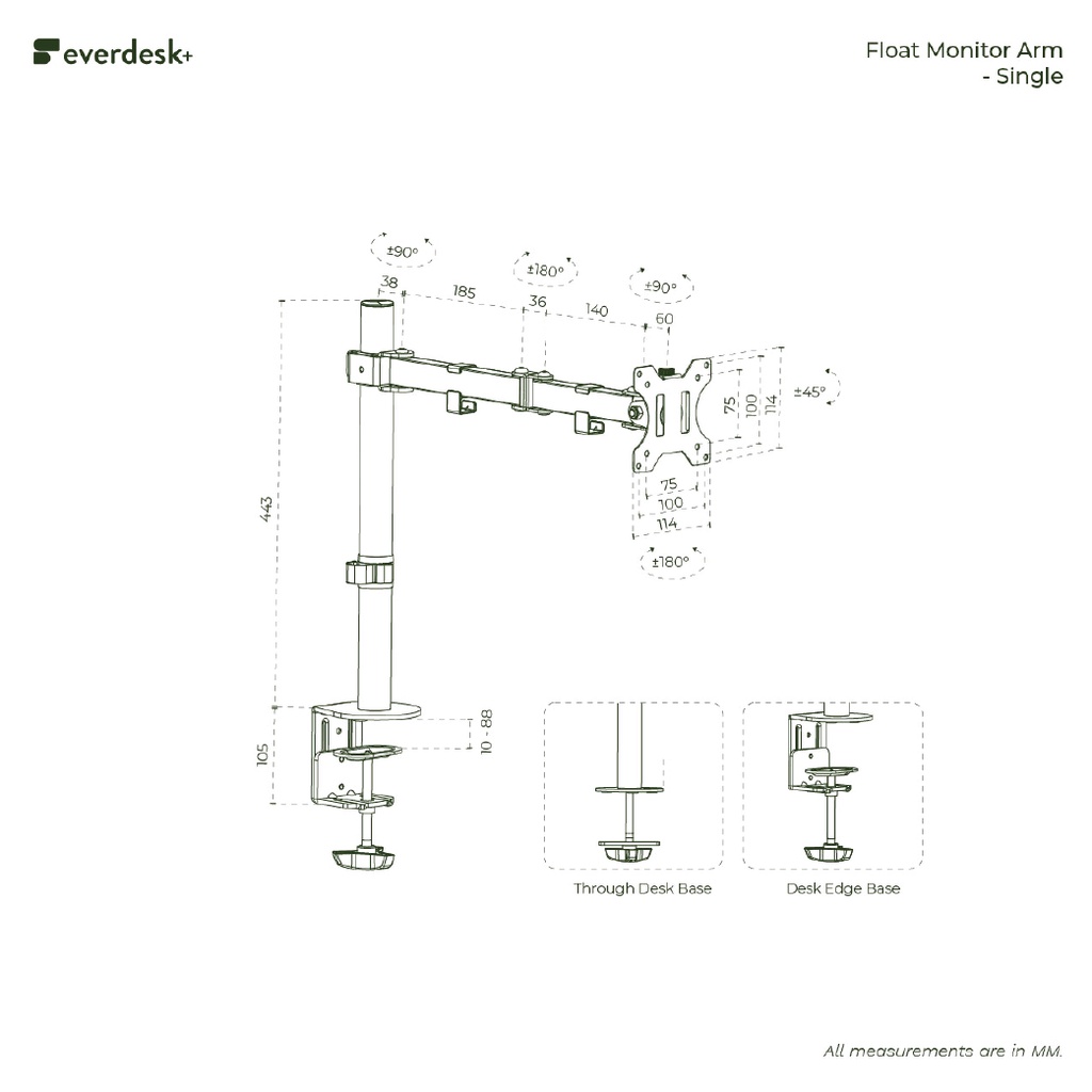 EverDesk Float Monitor Arm - Monitor Desk Mount, Single Dual Support ...