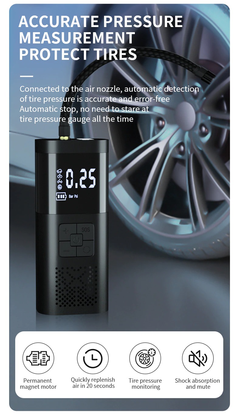 Portable Air Pump Wireless Tyre Inflator Car Tire Pump 6000mA Cordless ...