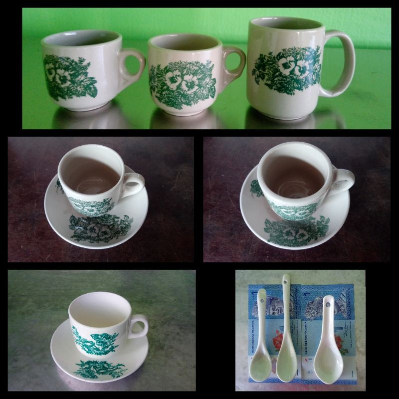 Traditional Kopitiam Green Flower Coffee Cup & Saucer/Cawan Kopitiam ...