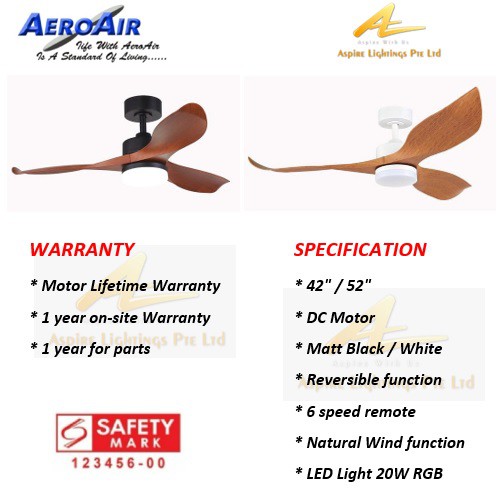 Ceiling Fan Light Aeroair DC Motor 42" 52" Local Warranty Safety Mark 6 ...