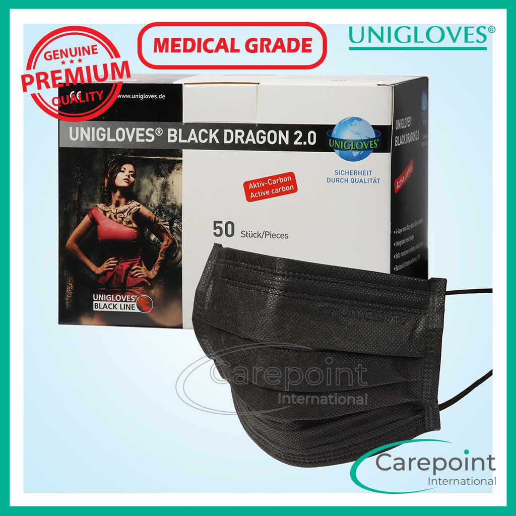 Unigloves Black Dragon 4ply Carbon Face Mask, Earloop - Black [Premium ...