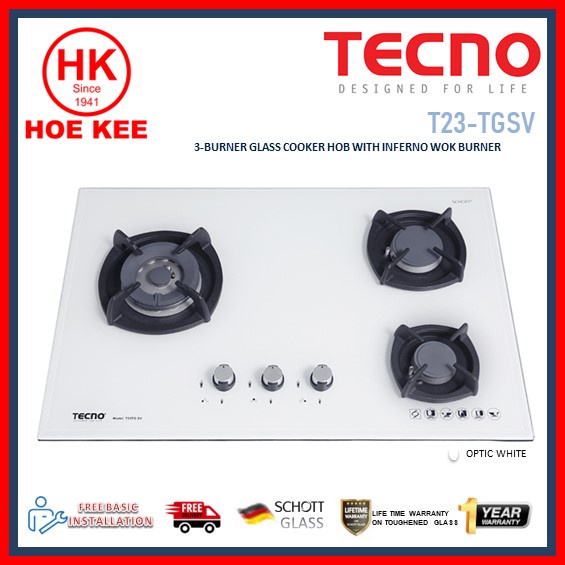 Tecno T23TGSV 3-Burner Glass Cooker Hob with Inferno Wok Burner ...