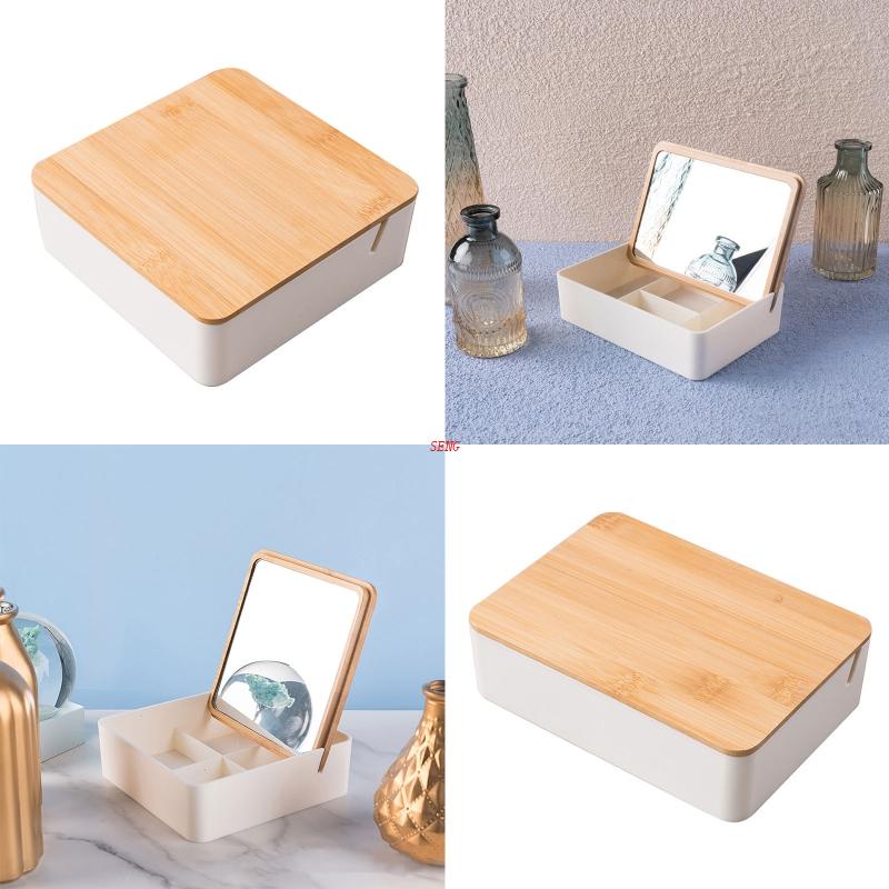 seng Cosmetic Storage Box with Wooden Lid Mirror Organizer Makeup Case ...