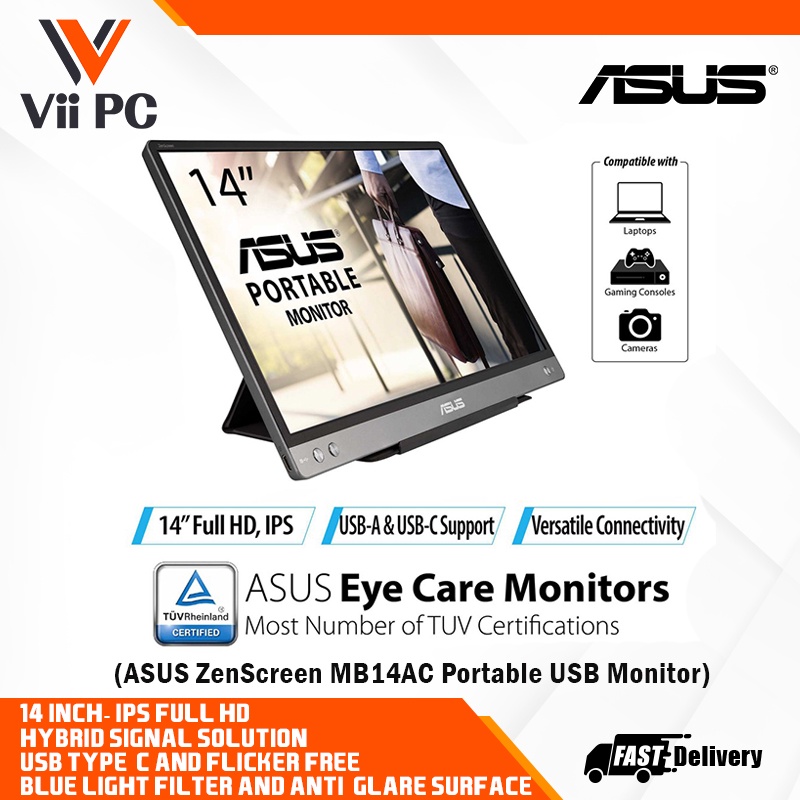 ASUS ZenScreen MB14AC Portable USB Monitor-14 inch IPS FHD,USB Type-C ...