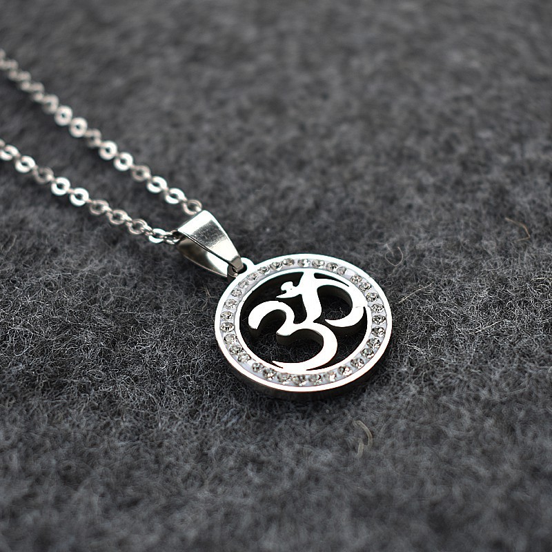 Stainless Steel OM Symbol Pendant NecklaceSilver Color Pave CZ Crystal ...