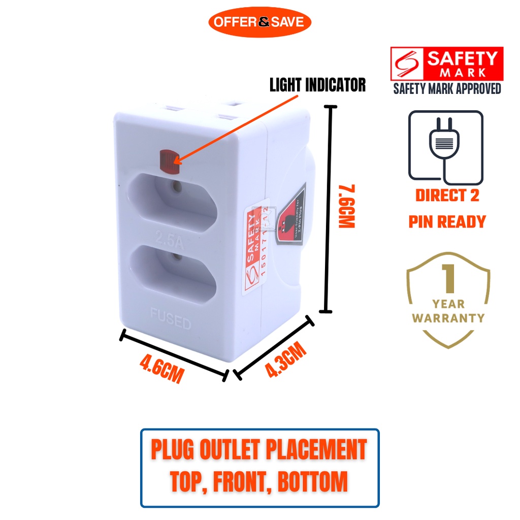 3 Way Multi Adaptor / Plug / 2 Pin Direct / With Neon Indicator ...