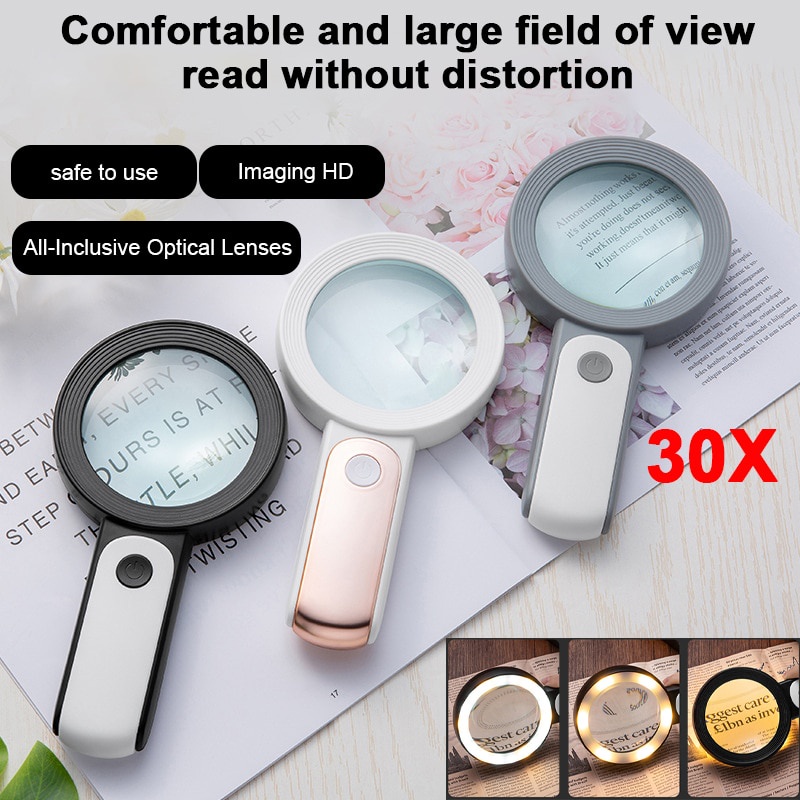 Lighted Magnifying Glass HD Imaging Optical Lens Handheld 30X Magnifier ...