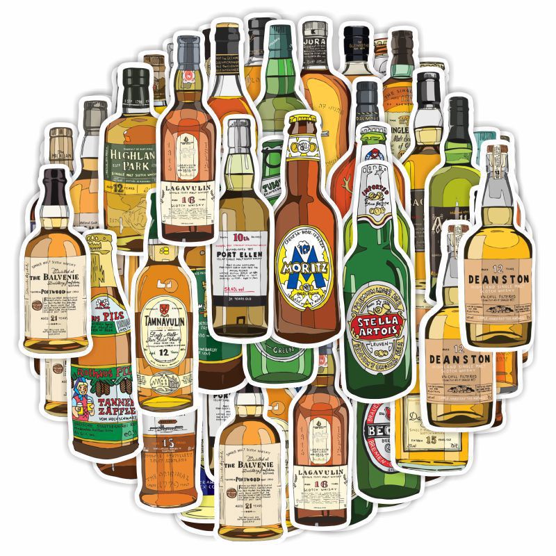 50Pcs/Set Beer Beverage Whiskey Bottle Series 02 Winebottle Art Stikers ...