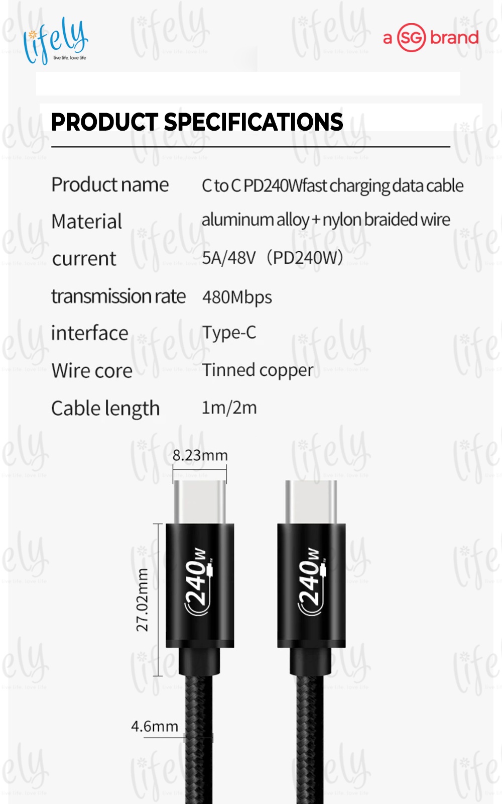 Lifely Type C Cable - Fast Charge USB C Cable 100W or 240W, E-marker ...