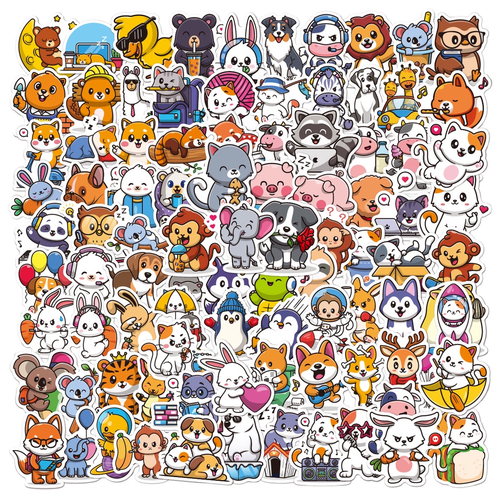 100 pcs Cute Cartoon Little Animals Waterproof PVC Stickers | Shopee ...