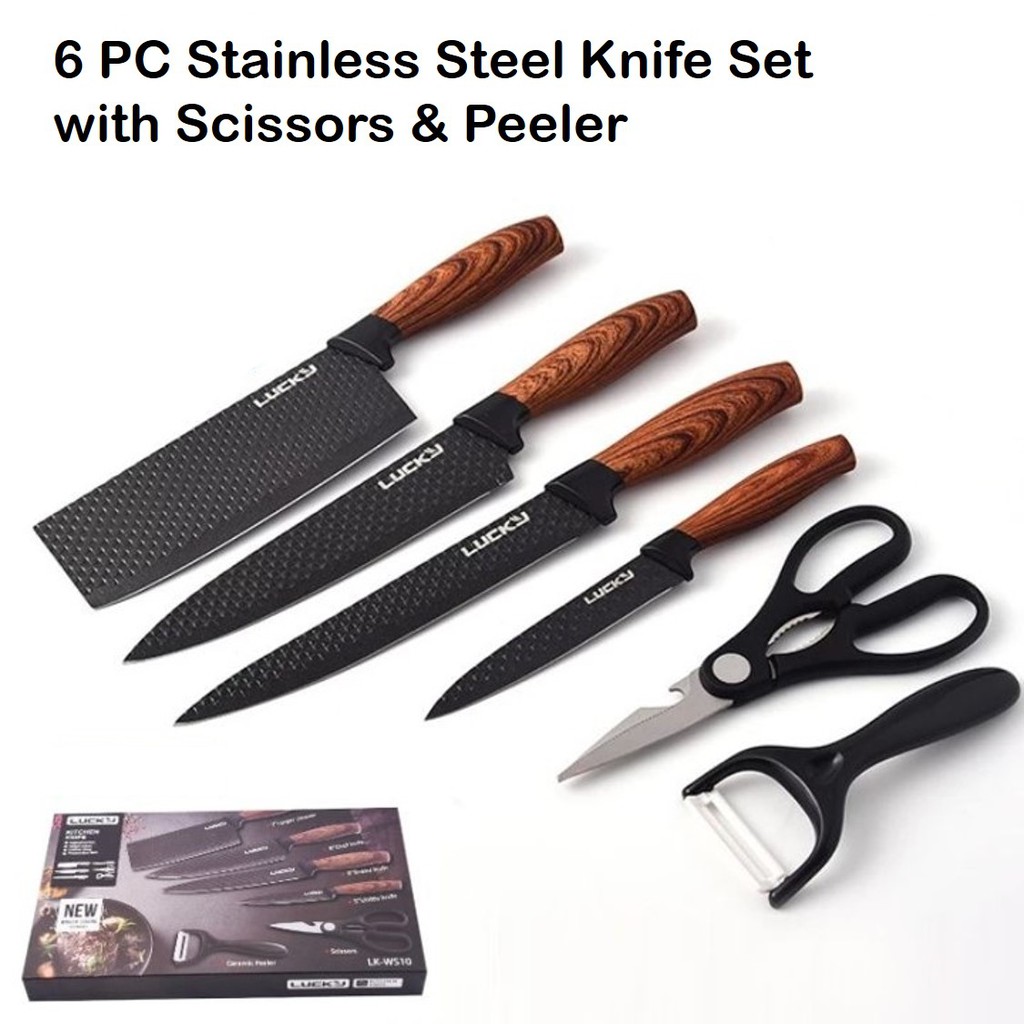 6 PCS Kitchen Knife Set with Scissors and Peelers - Wood Grain Rubber ...
