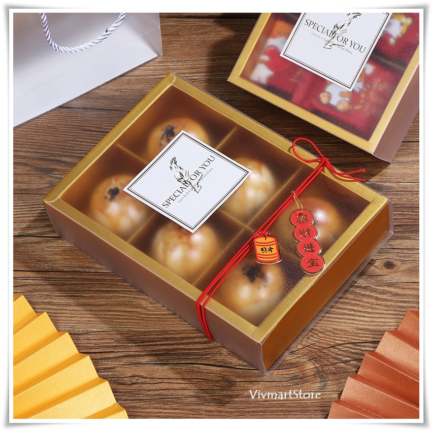 Gold Print Mooncakes Box 10 Pcs with Translucent Slip-In Cover for 6 ...