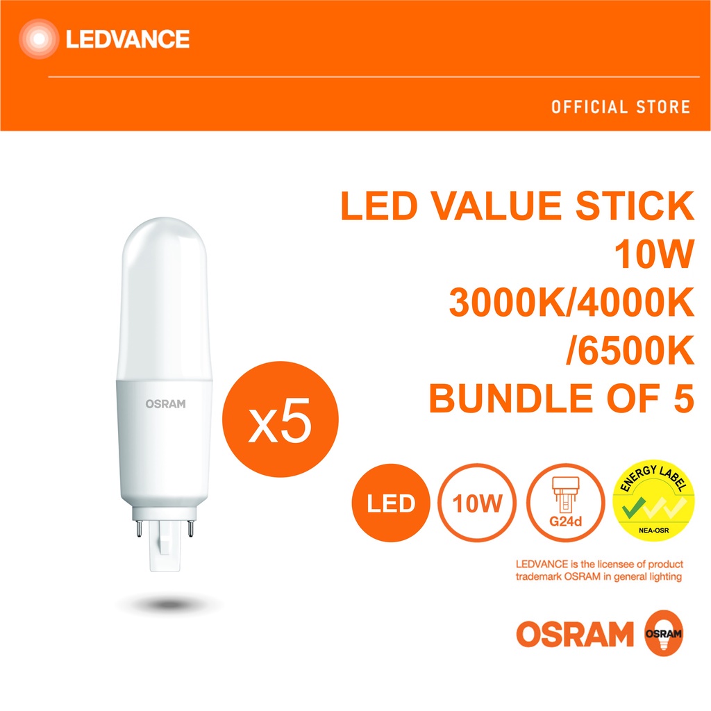 OSRAM LED Value Stick 10W G24D (3000K/4000K/6500K) (Bundle of 5 ...
