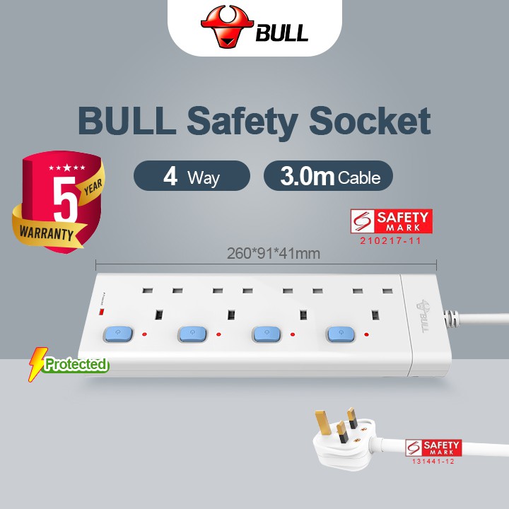 Bull Safety Socket 4 Way Lightning Protection Extension Socket Outlet ...