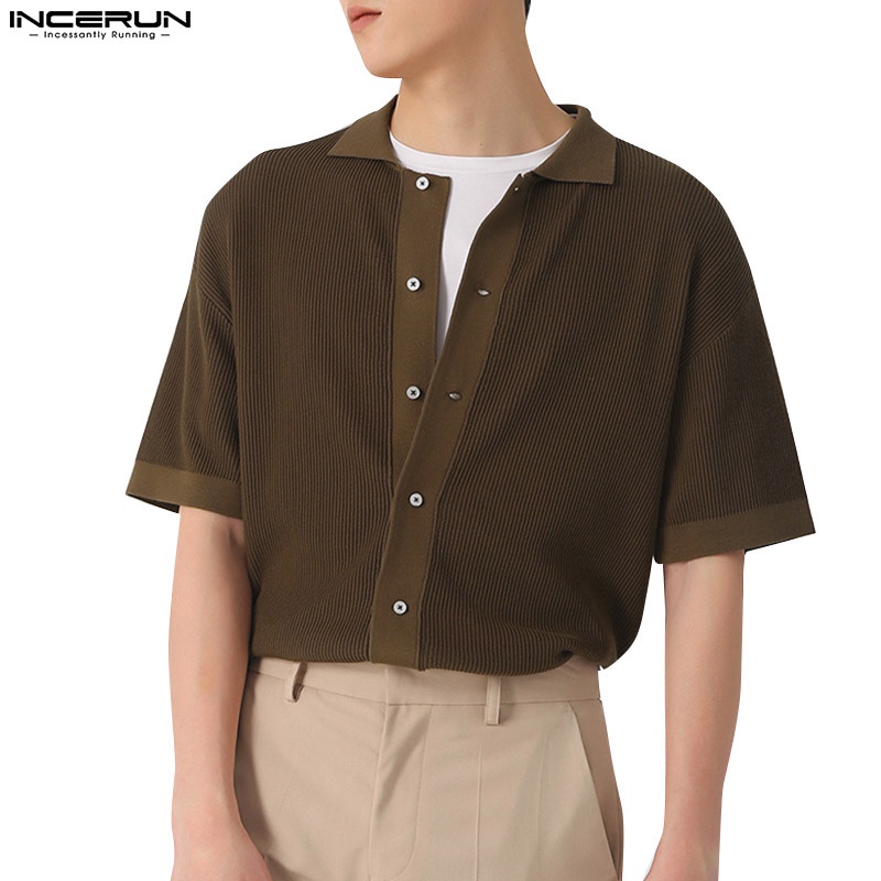 INCERUN Men's Summer S-5XL Short Sleeve Button-up Solid Color Knit ...
