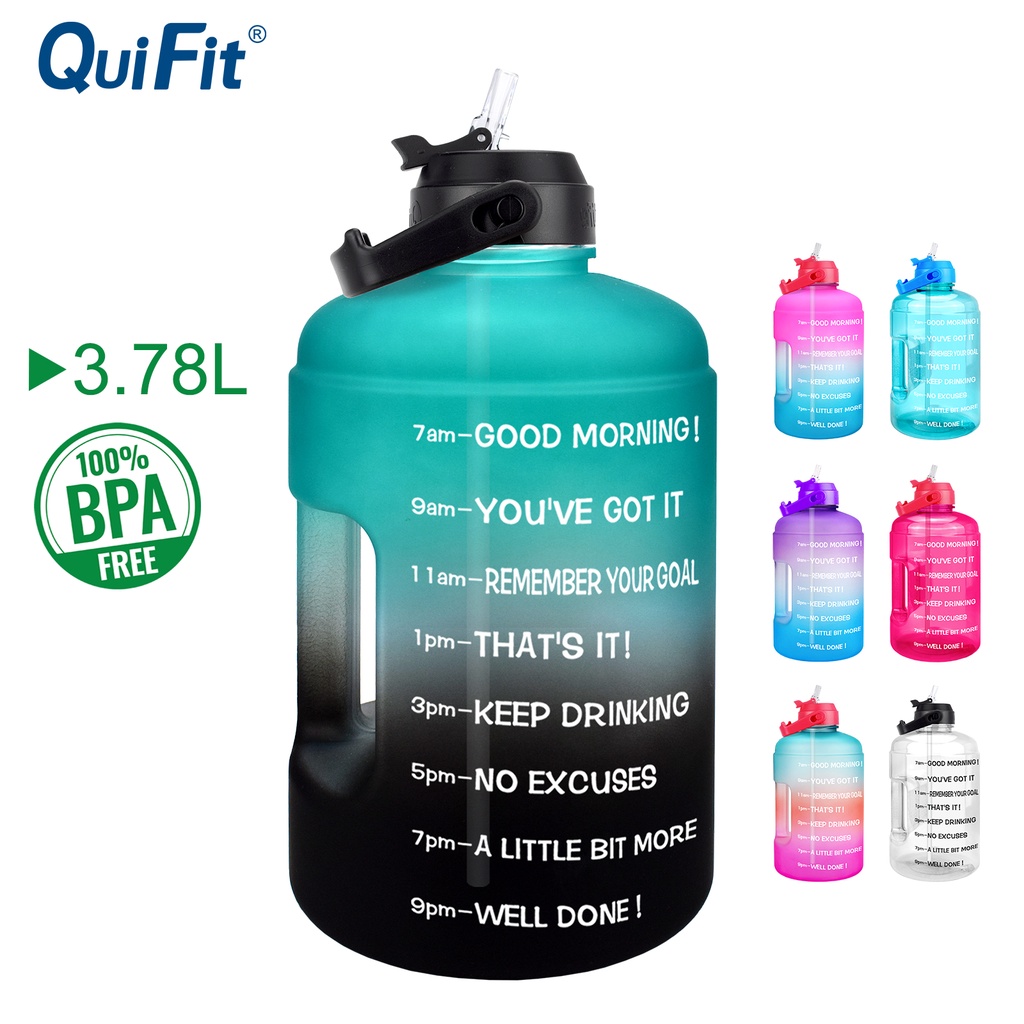 QuiFit 3.78L Middle Mouth Gallon Water Bottle with Straw Motivational Time Marker Leak-Proof ...