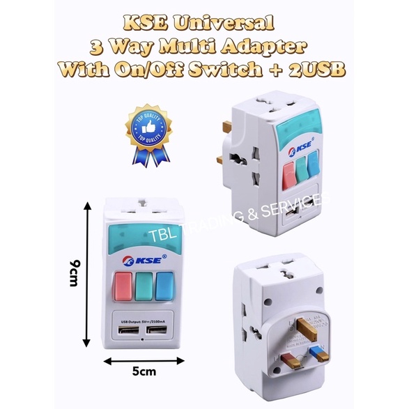 KSE 3 Pin UK Plug Universal 3 Way Multi Adapter + 2USB with ON/OFF ...